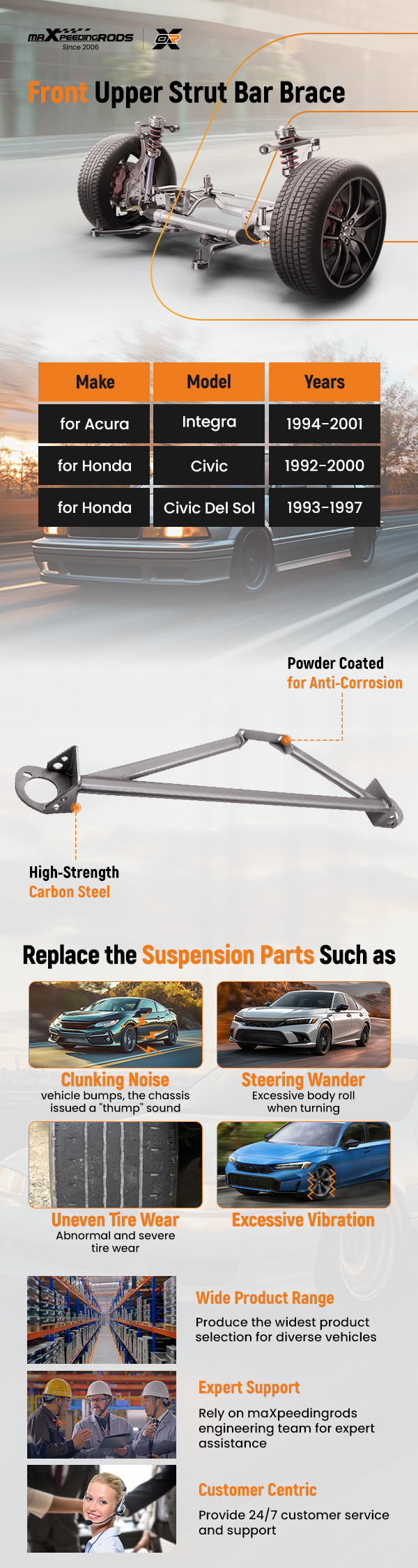 Honda Civic Strut Bar MaXpeedingrods Front Upper Strut Bar Brace For ...